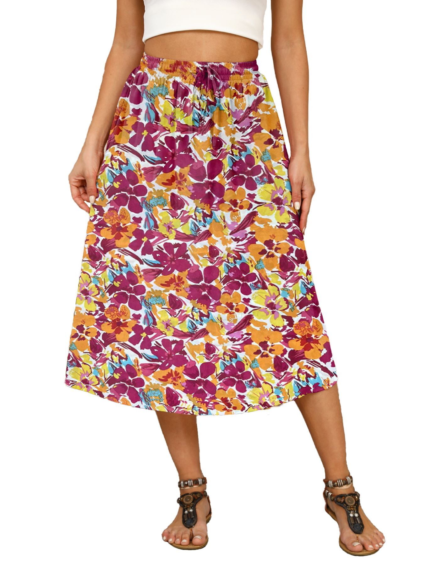 Gleelaud Flowy Skirt Midi Length Elastic High Waist A-Line Skirt with ...