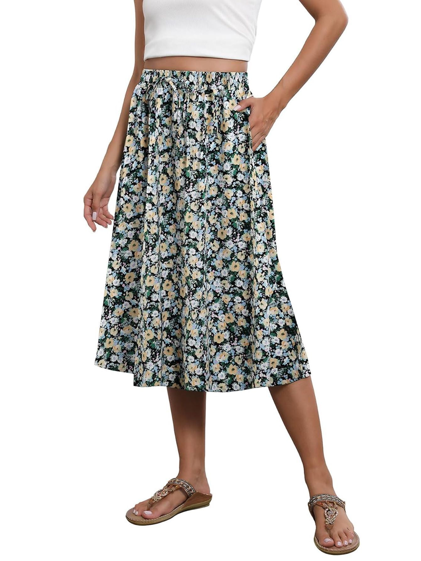 Gleelaud Flowy Skirt Midi Length Elastic High Waist A-Line Skirt with ...