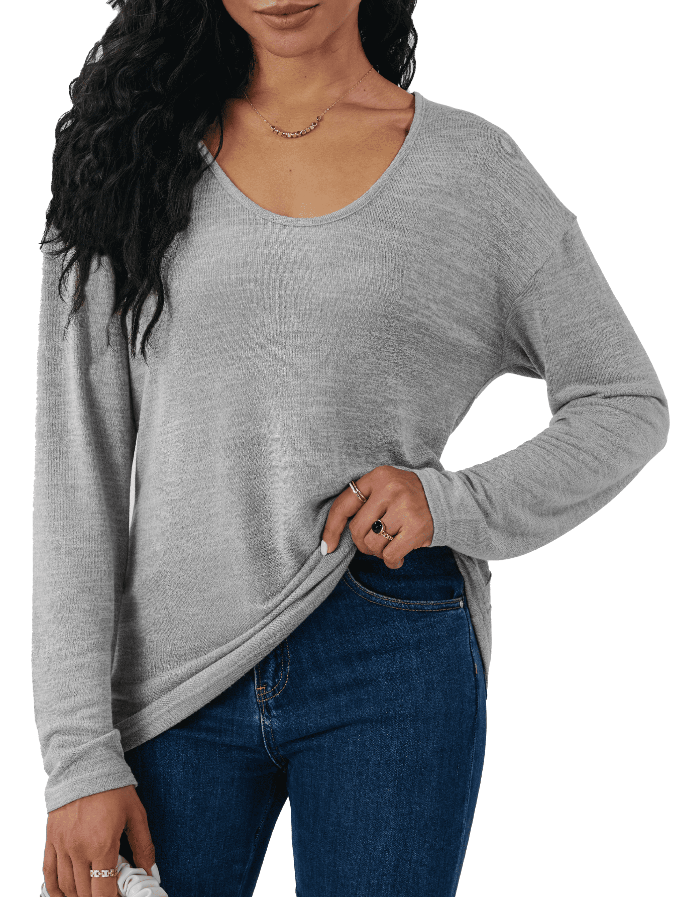 Gleelaud Womens Long Sleeve Tops Casual Deep V Neck Knit Basic T Shirts ...