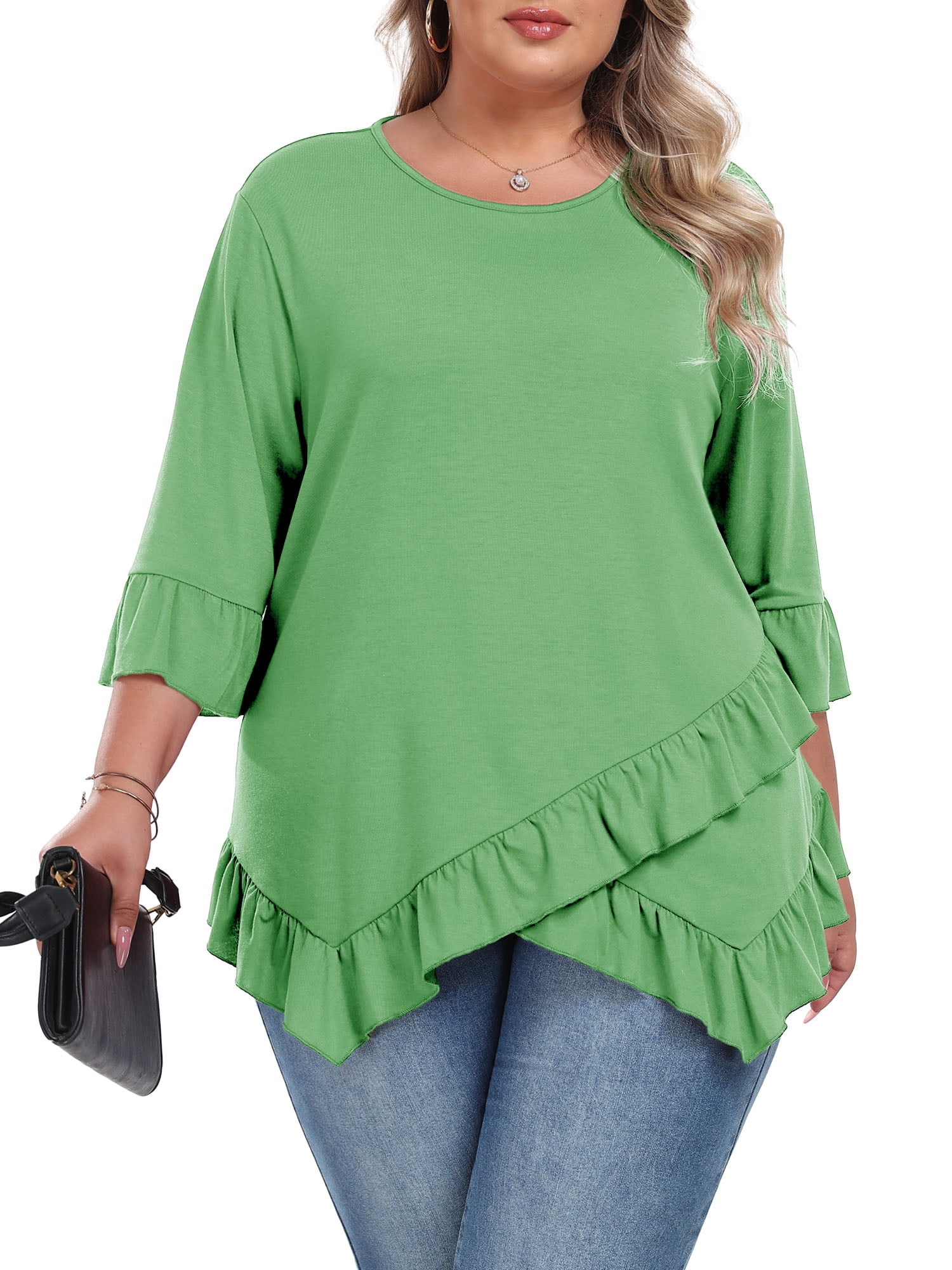 Gleelist Plus Size Tops For Womens Ruffled Hem Crew Neck T-Shirts ...