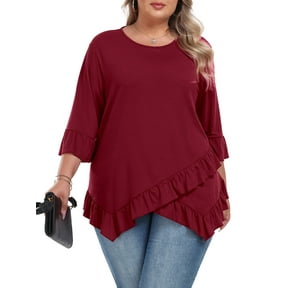 WellSize Plus Size Womens 3/4 Sleeve V Neck Tunic Blouses with Lace ...