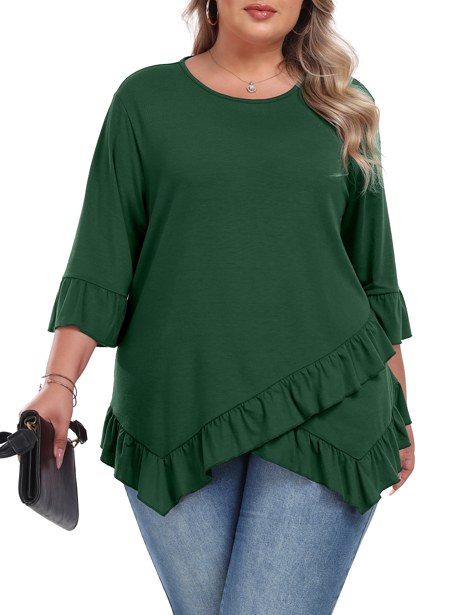 Gleelist Plus Size Tops For Womens Ruffled Hem Crew Neck T-Shirts ...