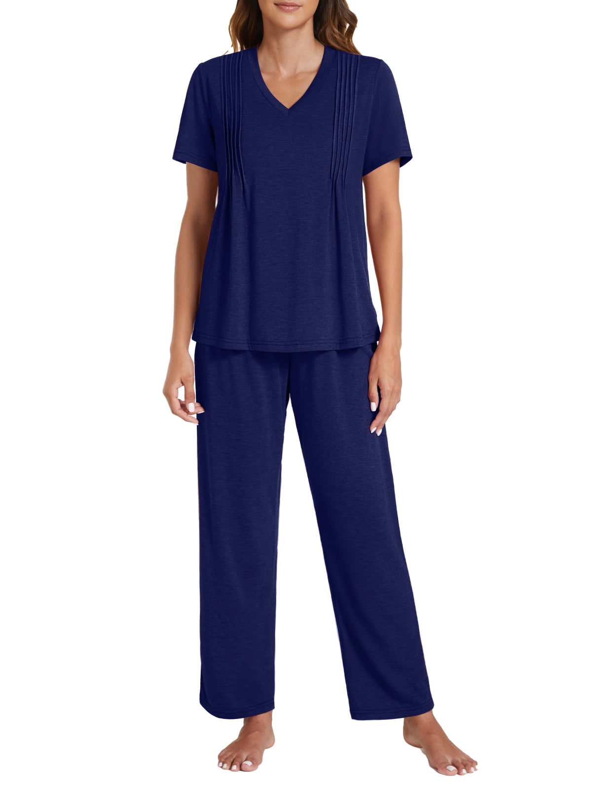 Gleelist Pajamas Sets For Women Comfy Short Sleeve V neck Basic Pleated ...