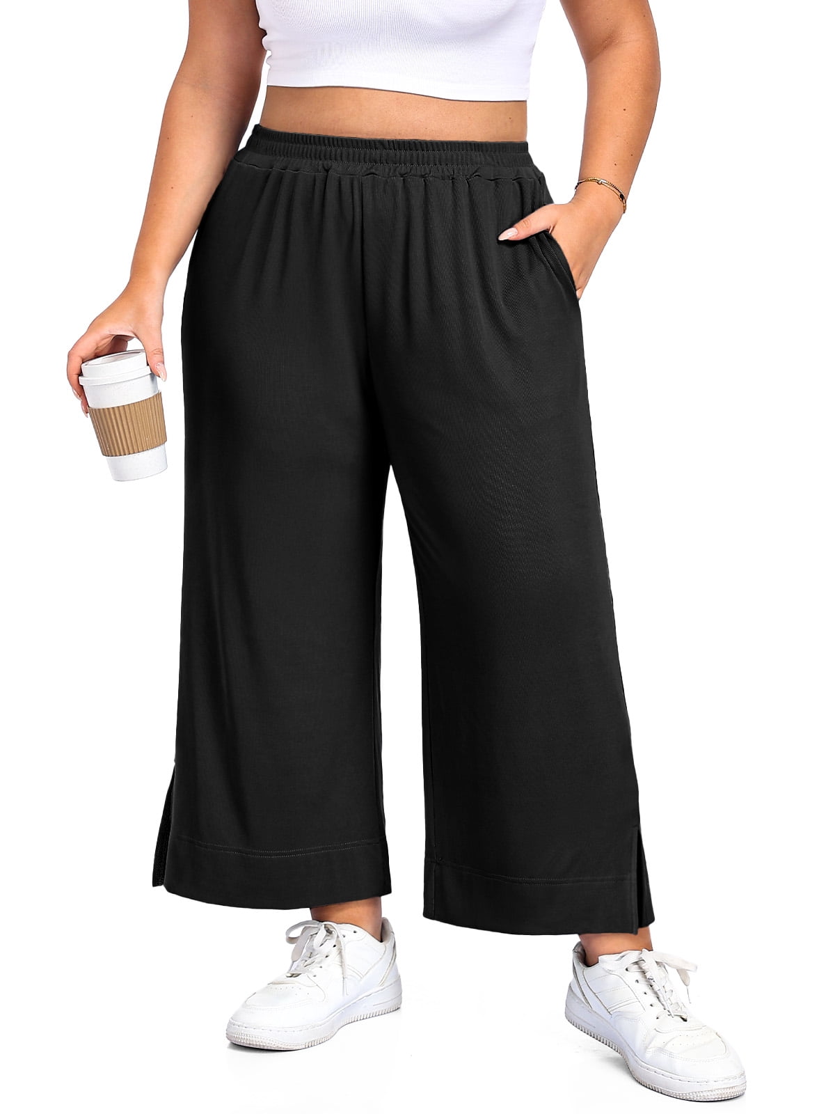 Gleelist Women's Plus Size Wide Leg Pants Lightweight Casual High Waist ...