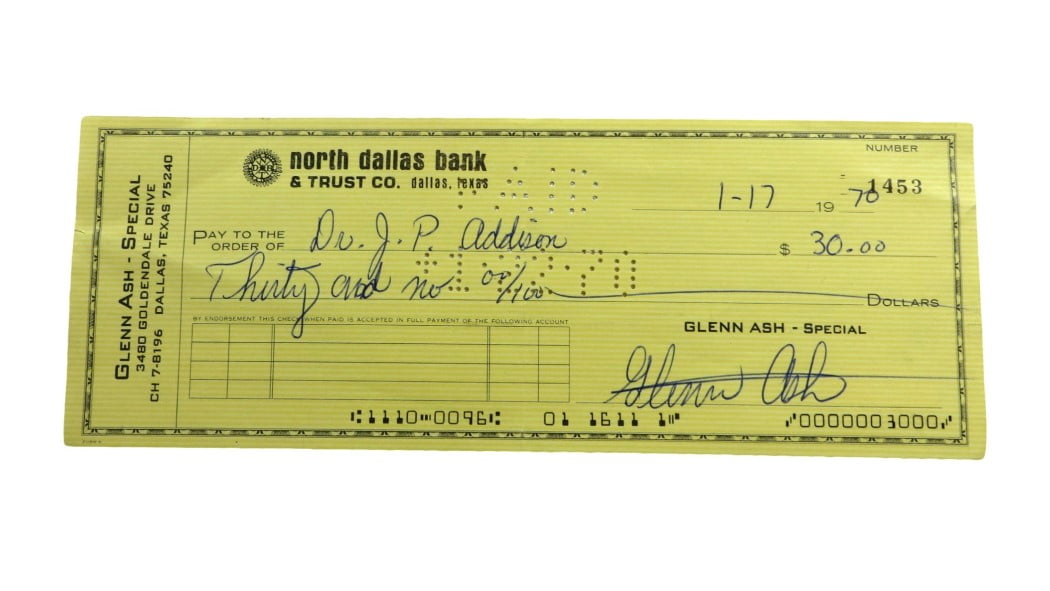 Glen Glenn Ash Signed Autographed Bank Check Actor 1/17/70 JSA AW92915 ...