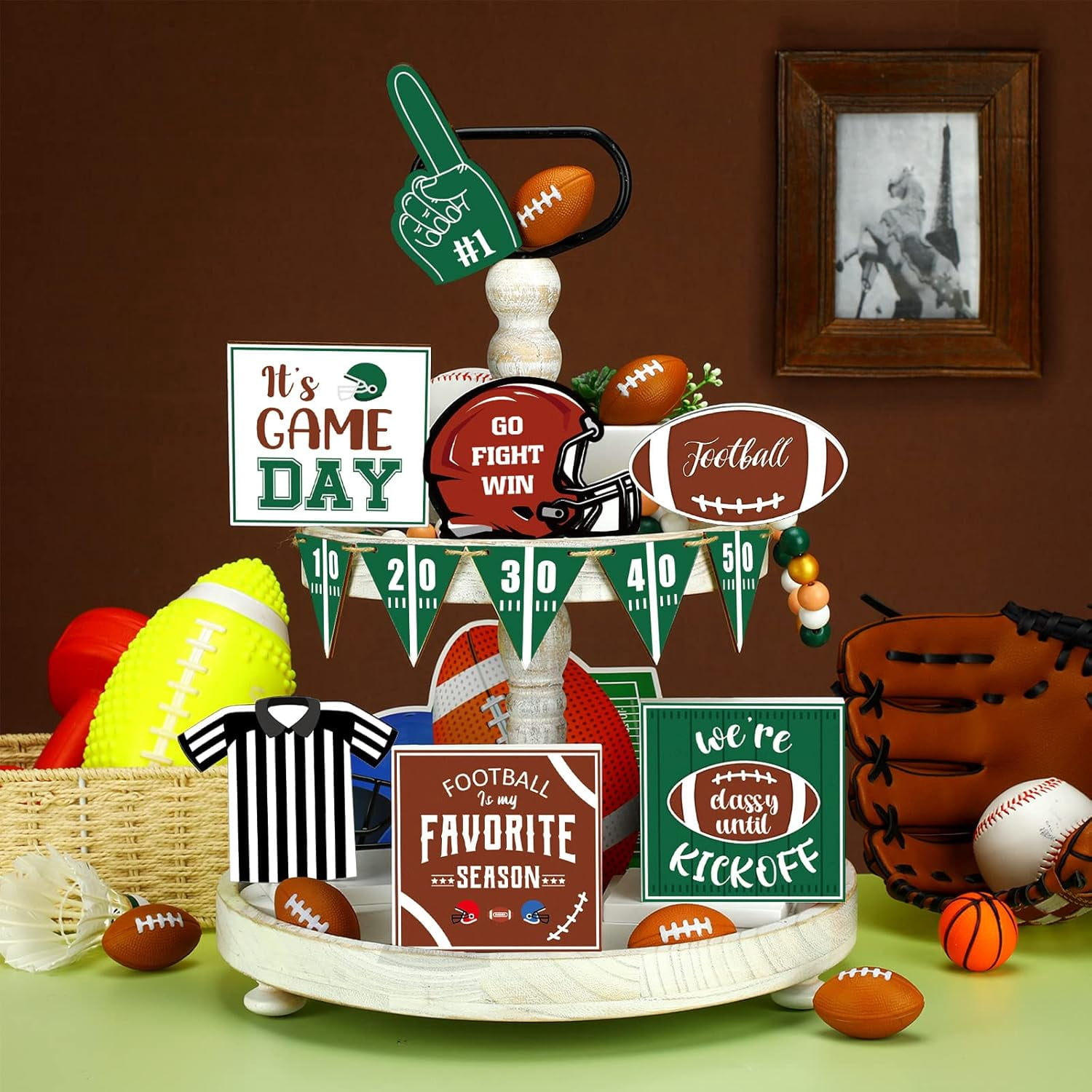 Glenmal 12 Pieces Football Tiered Tray Decor Farmhouse Wooden Rustic ...