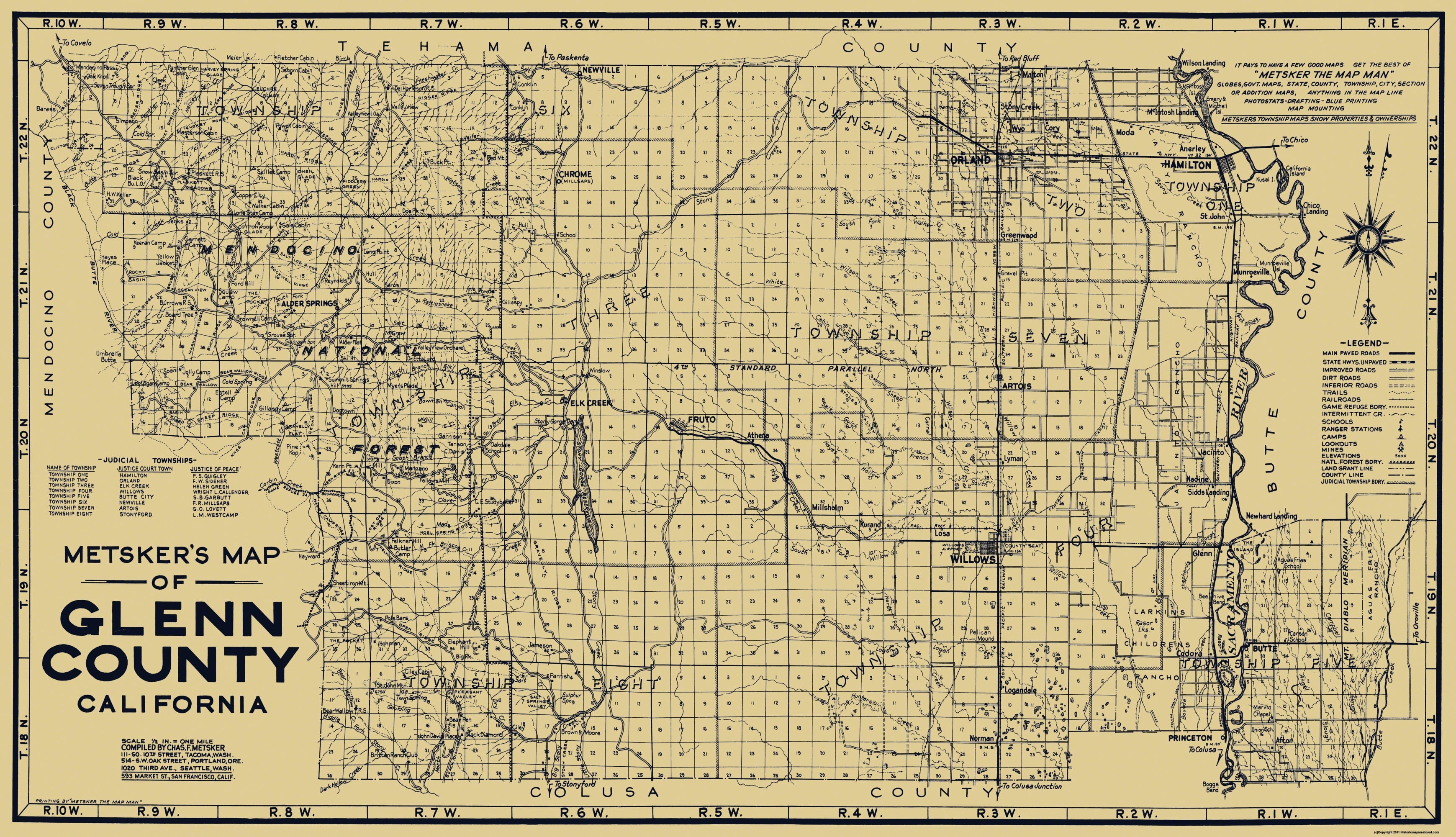 Historic County Map - Glenn County California - Metsker 1936 - 40 x 23 ...