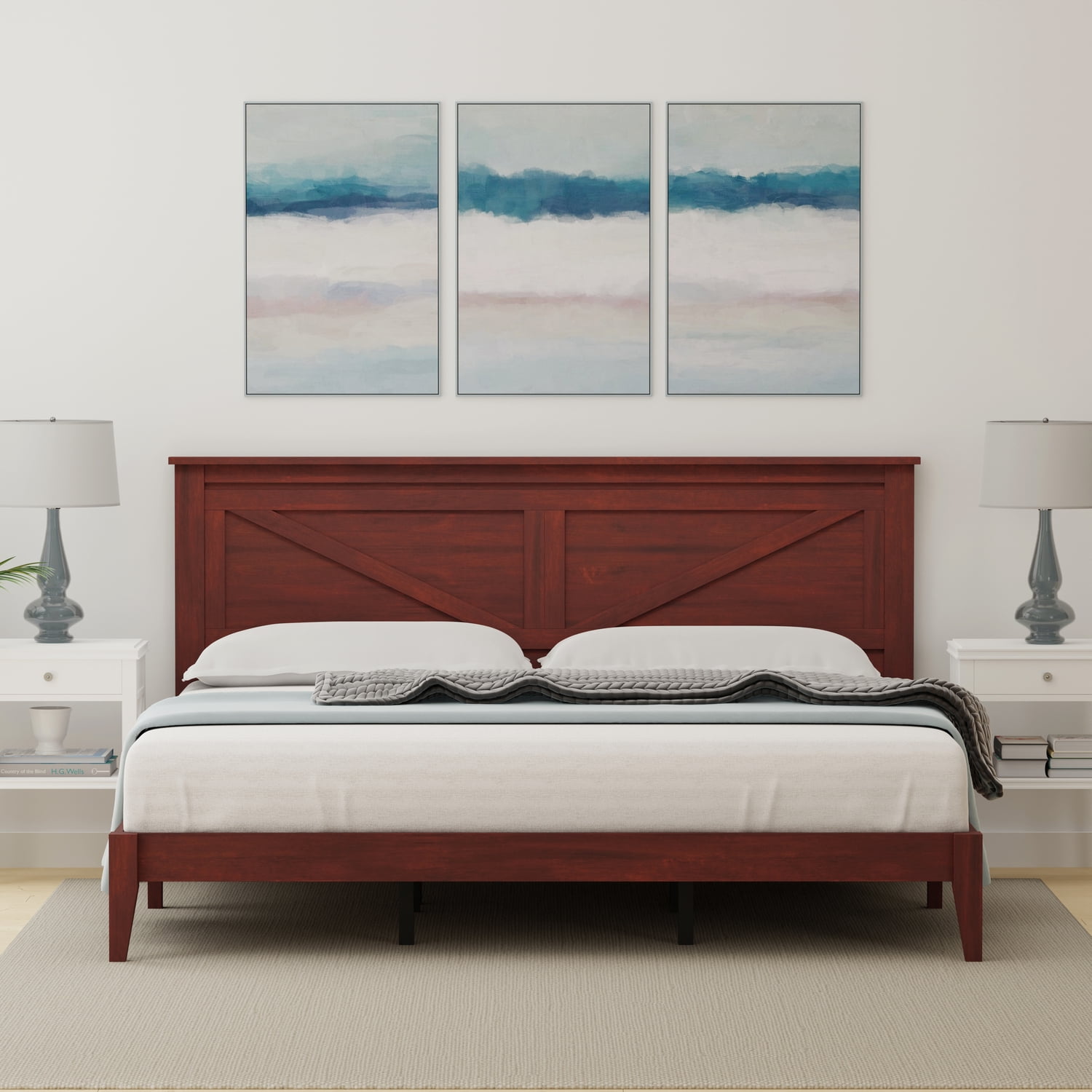 Farmhouse Solid Wood Platform Bed in King - Classic Cherry - Walmart.com