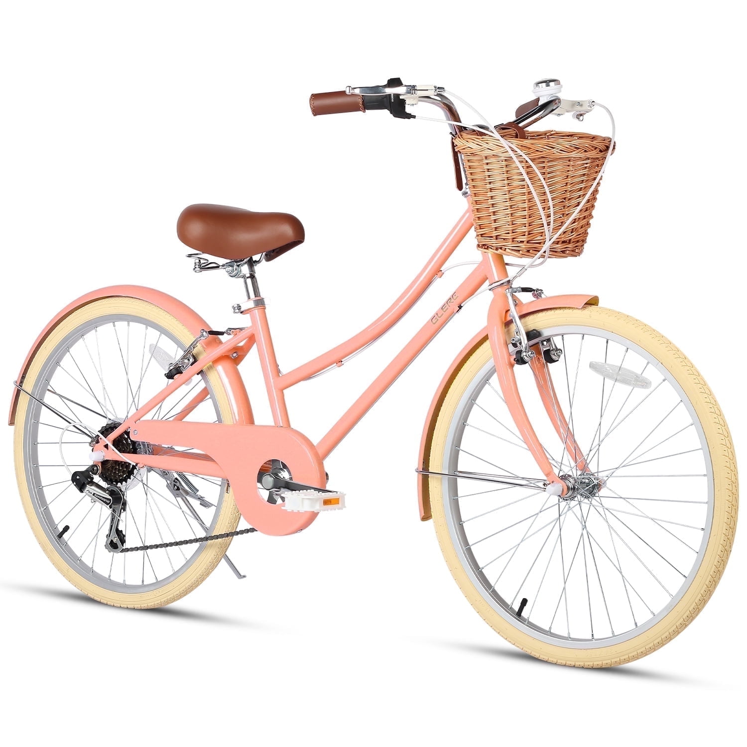 Glerc Missy 26" Girl Bicycle for Youth Over 8 Years Old Kids, Teenager with Wicker Basket, Peach ...