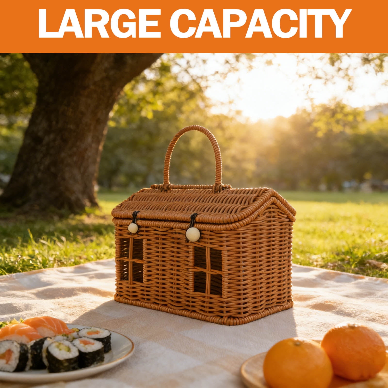 GliJian Rattan Picnic Basket with Lid & Handle Easter Basket for ...