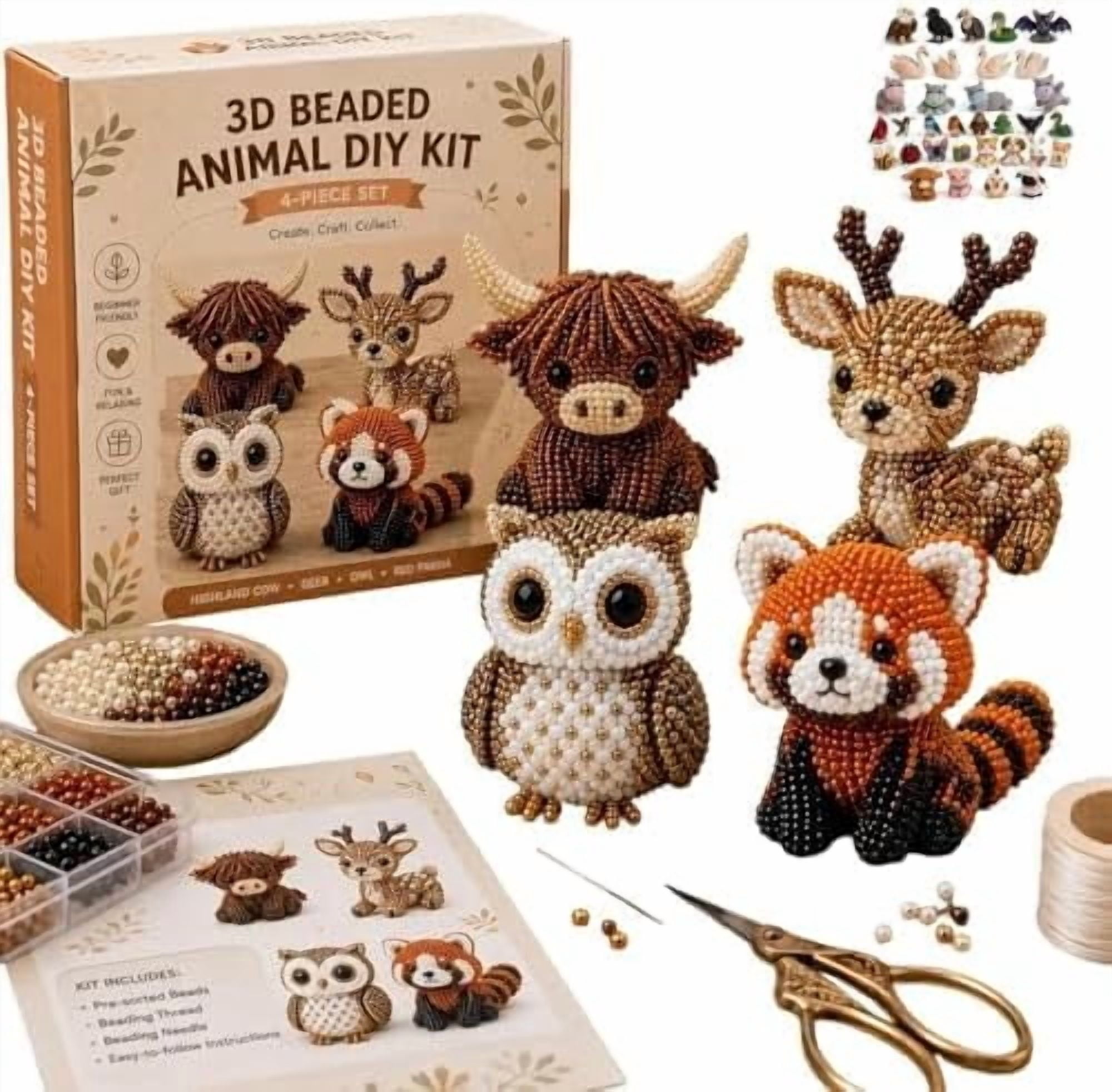 GliJian Tiny 3D Beaded Animal DIY Kit, 4-Piece Handmade Beading Craft ...