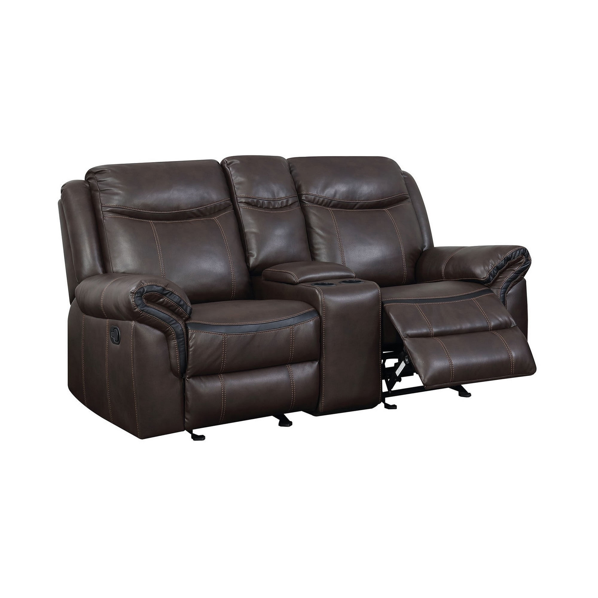 Glider Recliner Loveseat with Leatherette and Flared Padded Arms, Brown ...