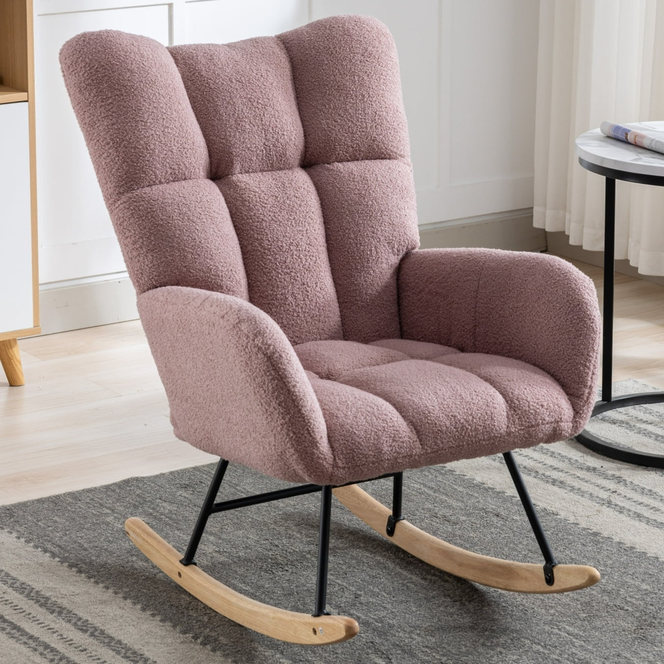 Glider Rocking Chair, Teddy Fabric Rocker Chair with Solid Wood Legs ...