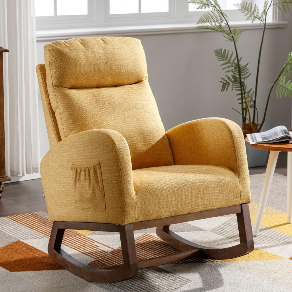 Glider Rocking Chair, Upholstered Minimalist Chair with Armrest, Wood ...