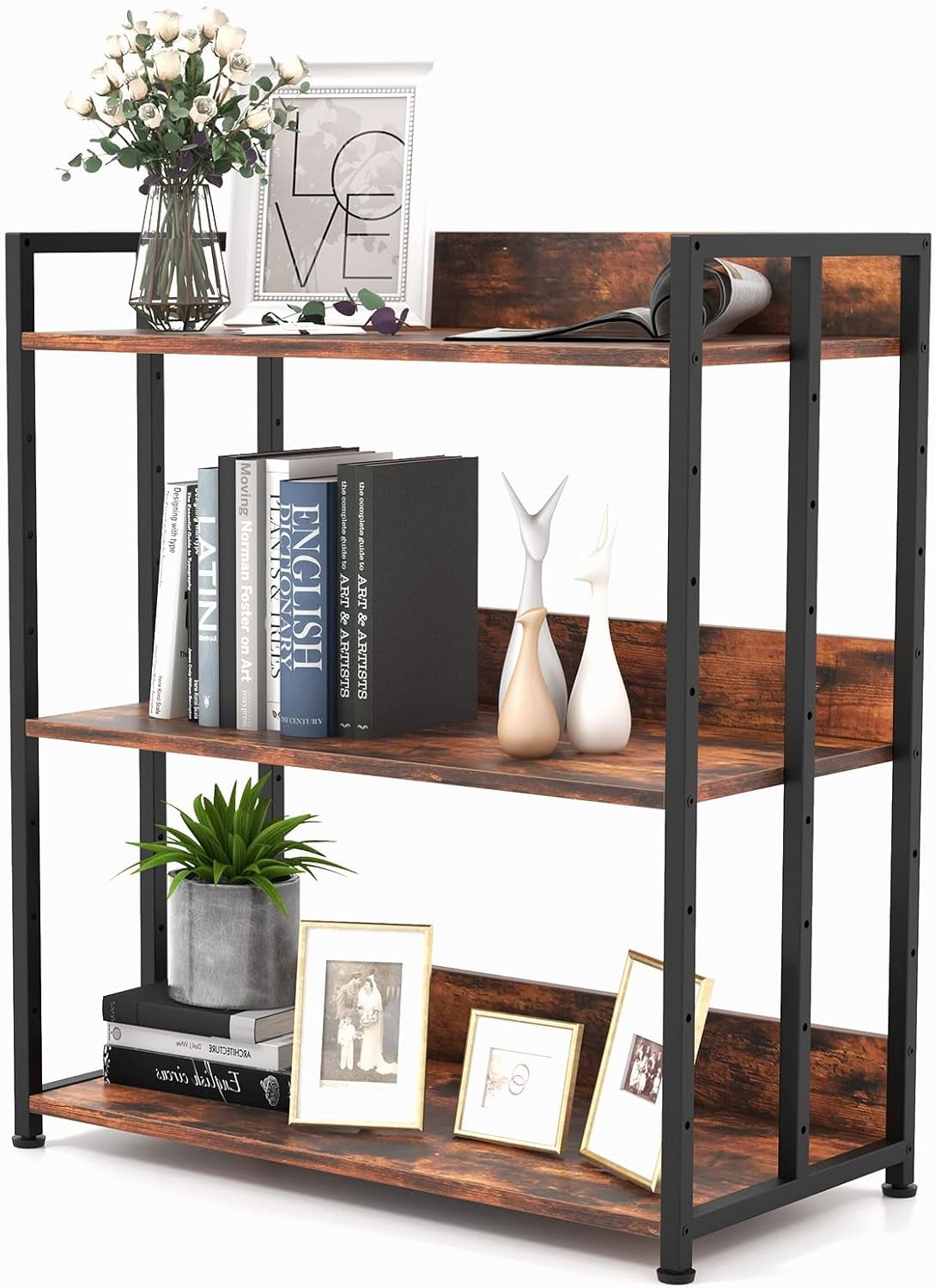 GlimmerGrove Bookshelf, 3 Tier Industrial Book Shelf w/Adjustable ...