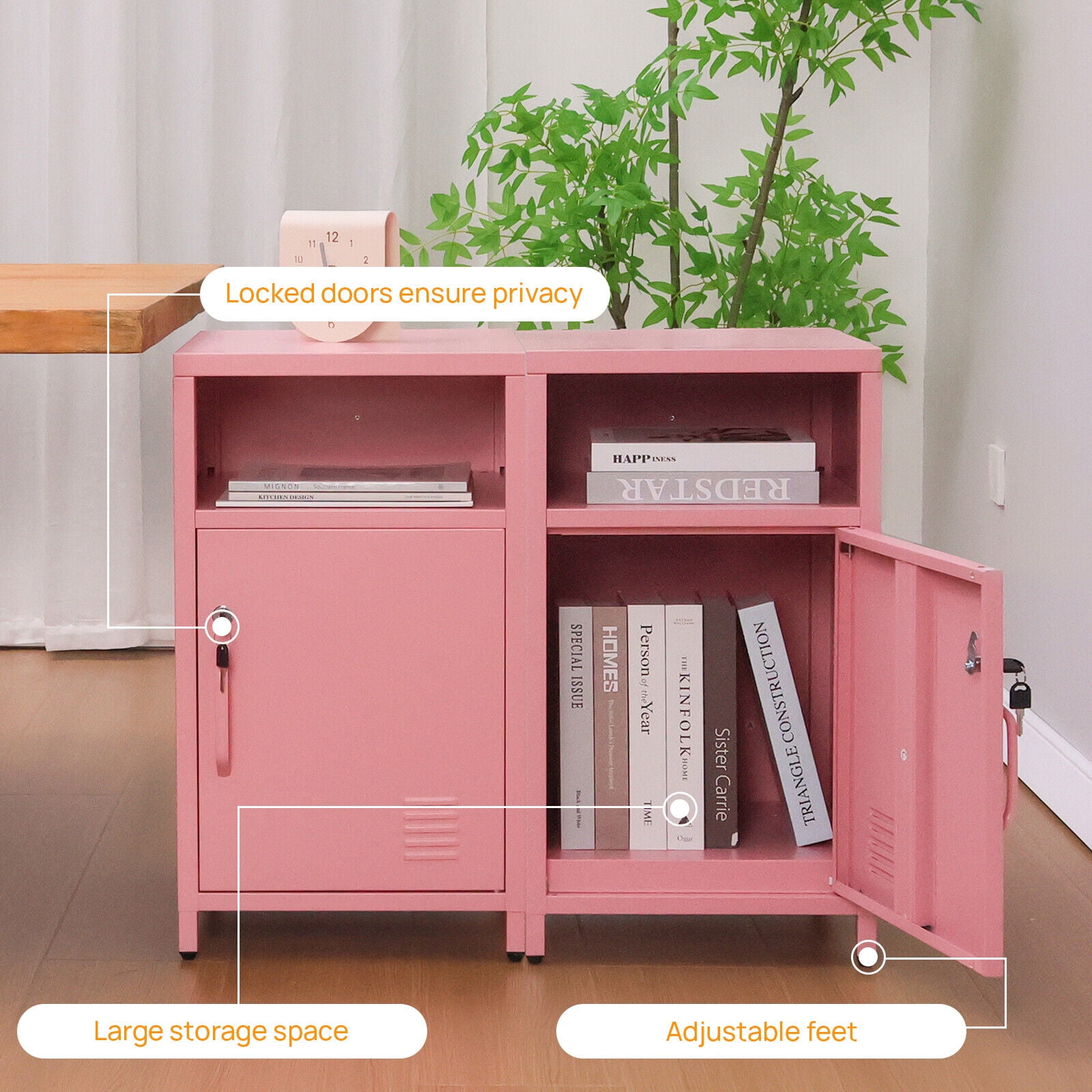 GlimmerGrove Compact Metal Nightstand with Lockable Cabinet and Open ...