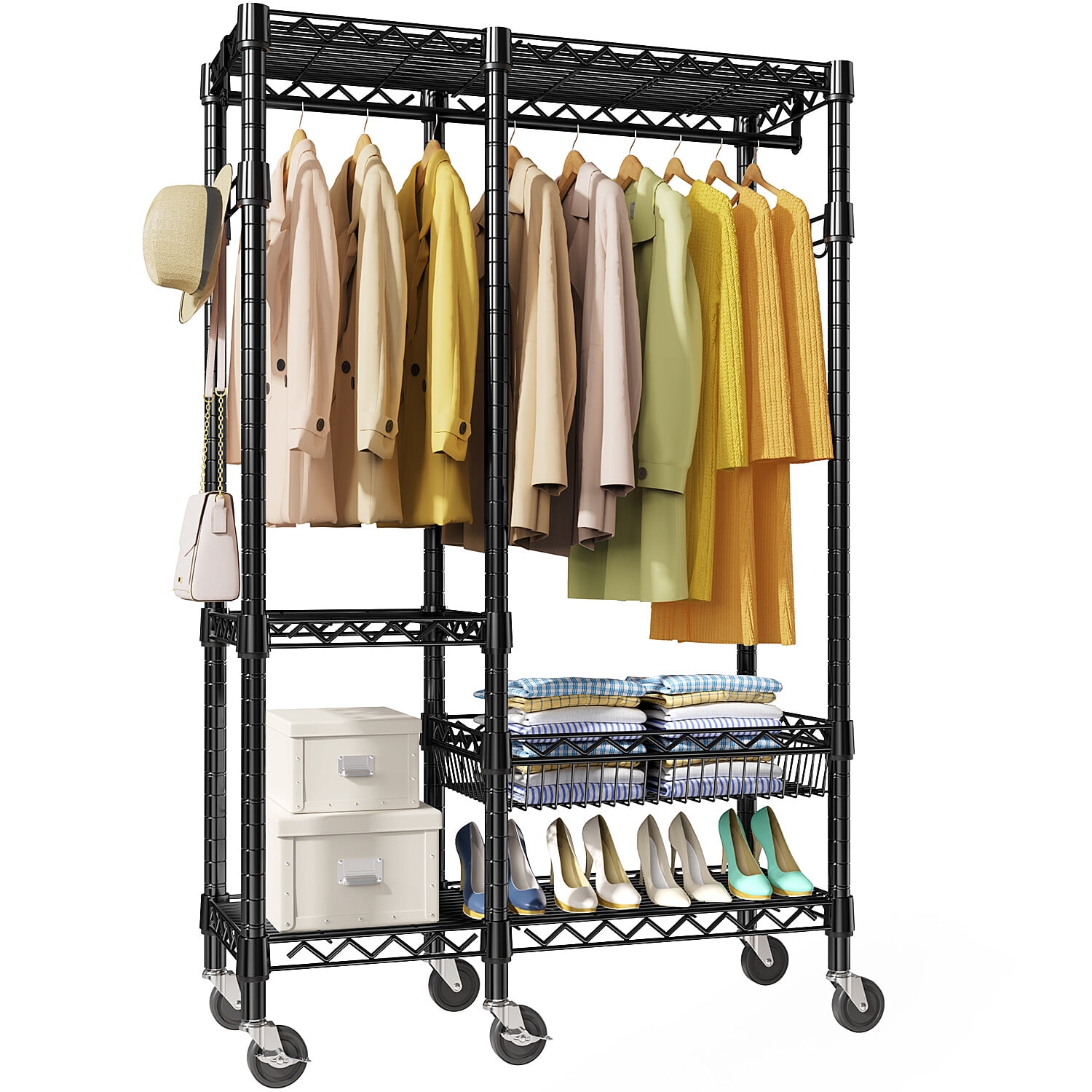 GlimmerGrove Heavy Duty Rolling Garment Rack 4 Tiers Adjustable Wire ...