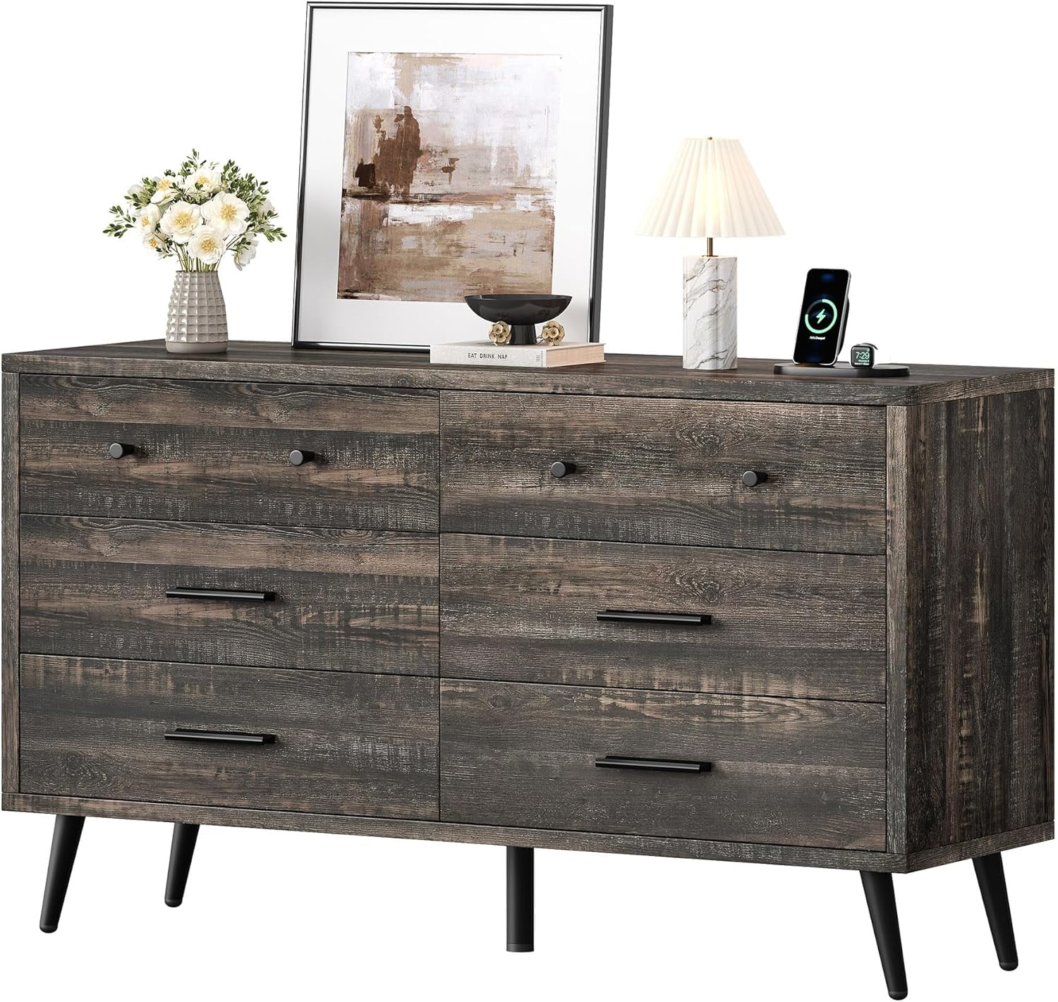 GlimmerGrove Retro Rubber 6 Drawer Dresser, 47" W Large Double Dresser ...