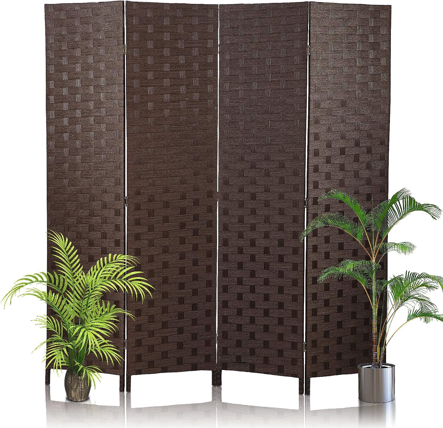 GlimmerGrove Room Divider, 6FT Wall Divider Wood Screen 4 Panels Mesh ...