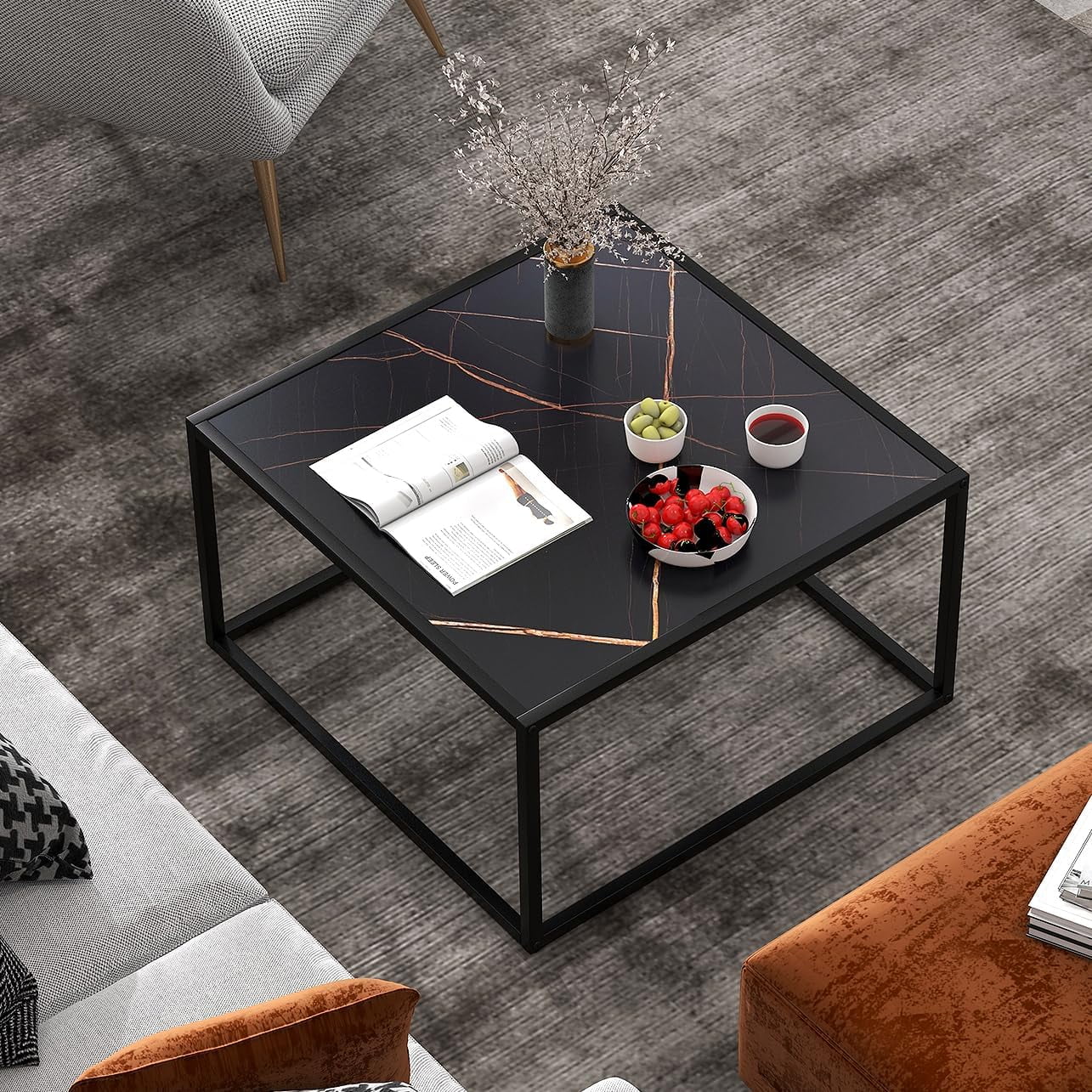 GlimmerGrove Square Coffee Table with Faux Marble Tabletop & Steel ...