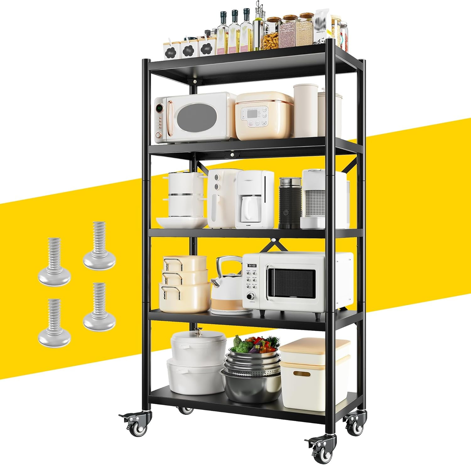 GlimmerGrove Wire Shelving Unit with Wheels, Adjustable 5 Tier Heavy ...
