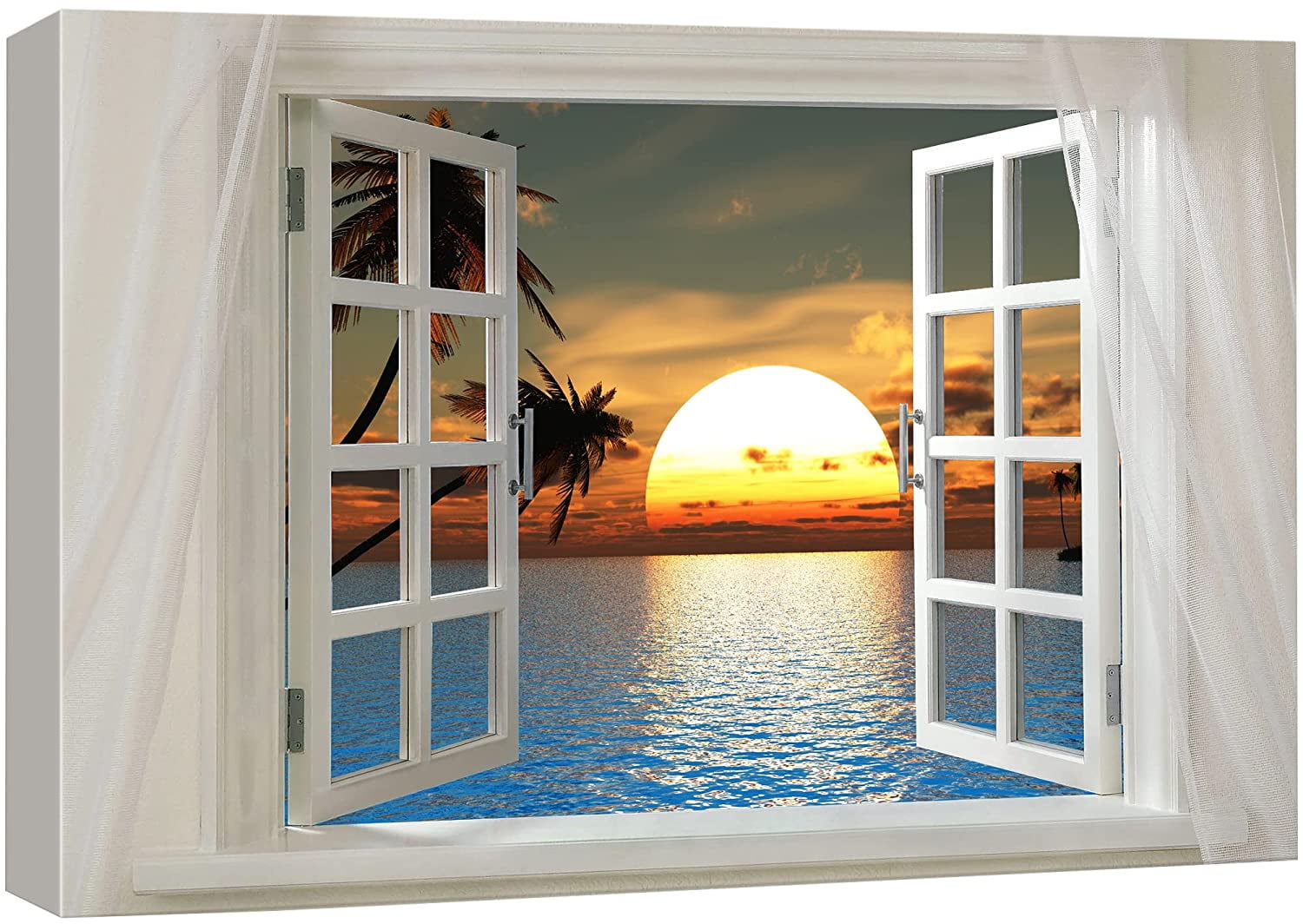 Glimpse into Palm Trees and Sunset at Sunset Time Out of Open Window ...