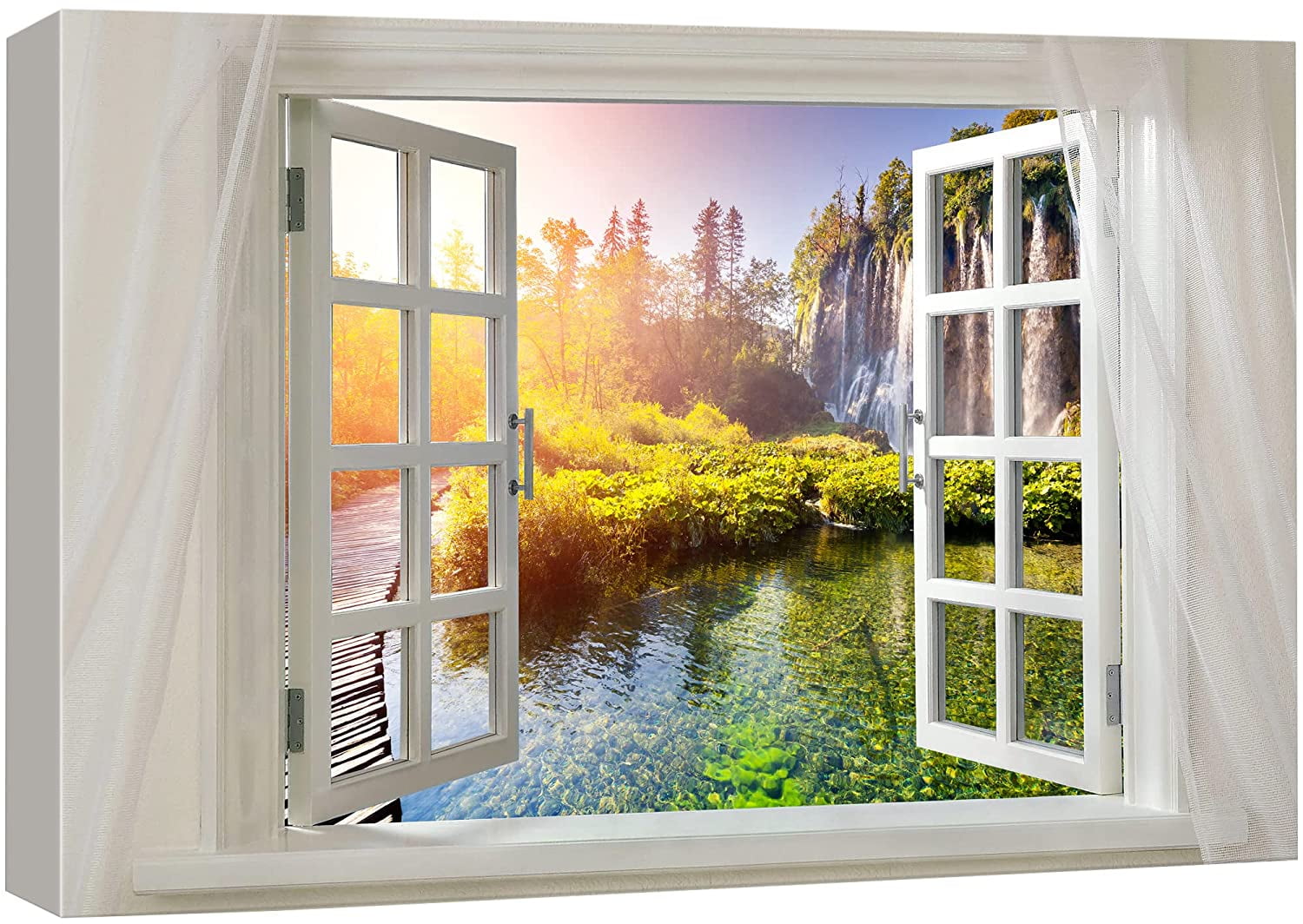Glimpse into Waterfall in Autumn Out of Open Window Canvas Wall Art ...