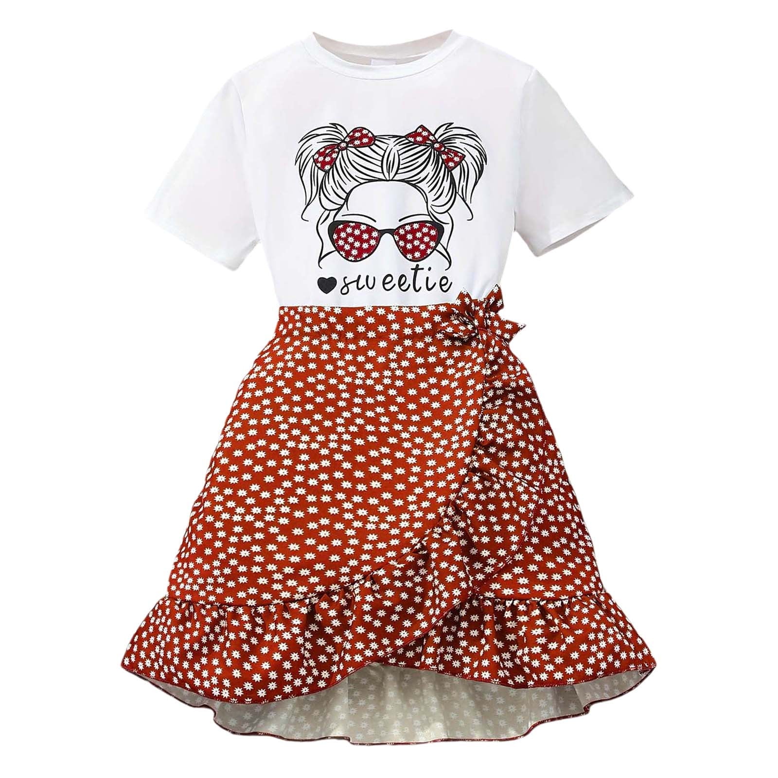 Glisme 2 Pcs Girls Outfit Toddler Short Sleeve Cartoon Prints Bowknot T ...