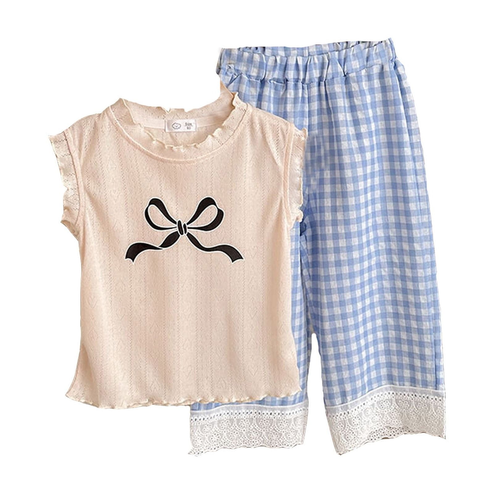 Glisme Casual Girls Clothing Set Puff Sleeve Tops And Checkered Pants ...