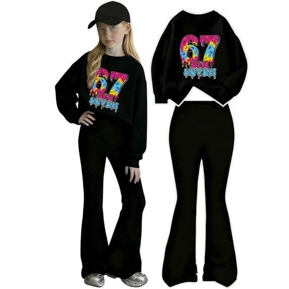 Glisme Girls Outfit Casual Long Sleeve Graphic Hoodie With Flare Leg ...