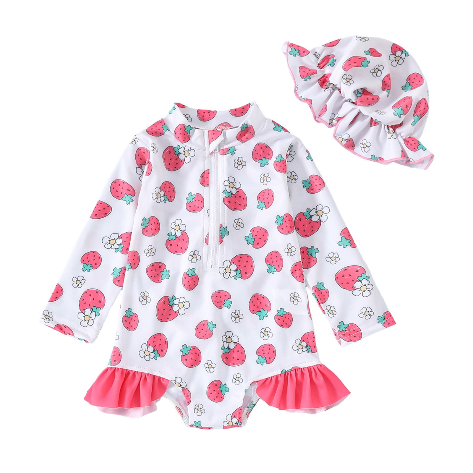 Glisme Girls Swimsuit Summer Toddler Long Sleeve Ruffles Strawberry ...