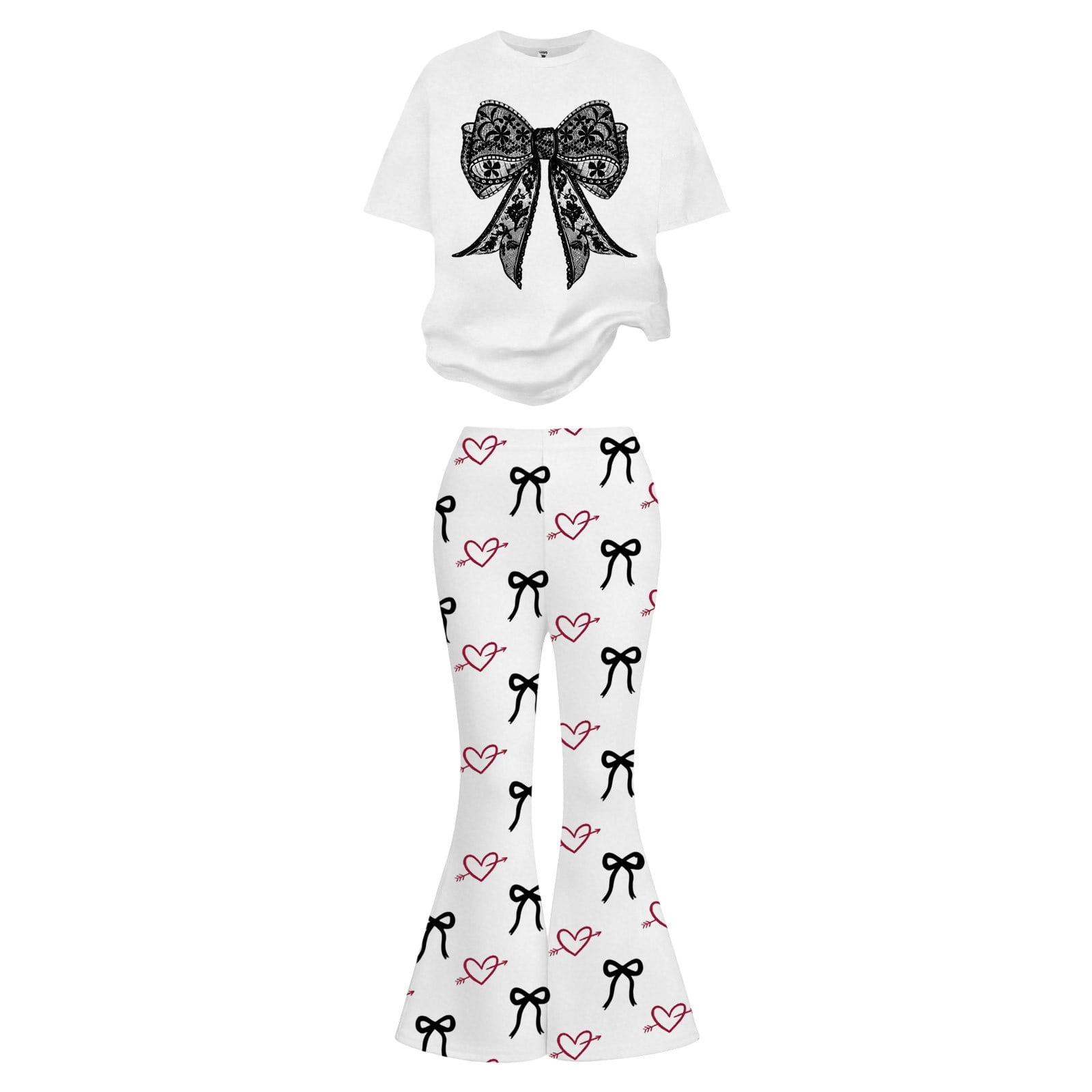 Glisme Girls Valentine'S Day Set Heart Print Bow Design Short Sleeve ...