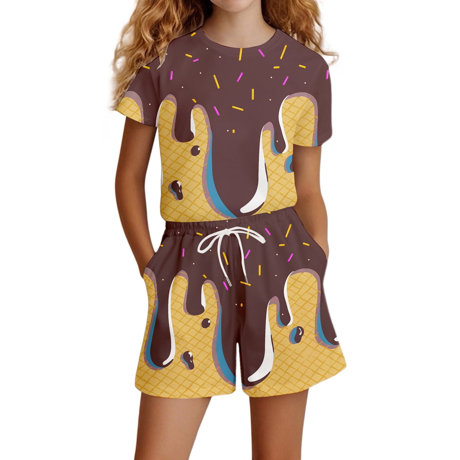 Glisme Summer Girls Outfits Short Sleeve Waffle Biscuit Ice Cream Print ...