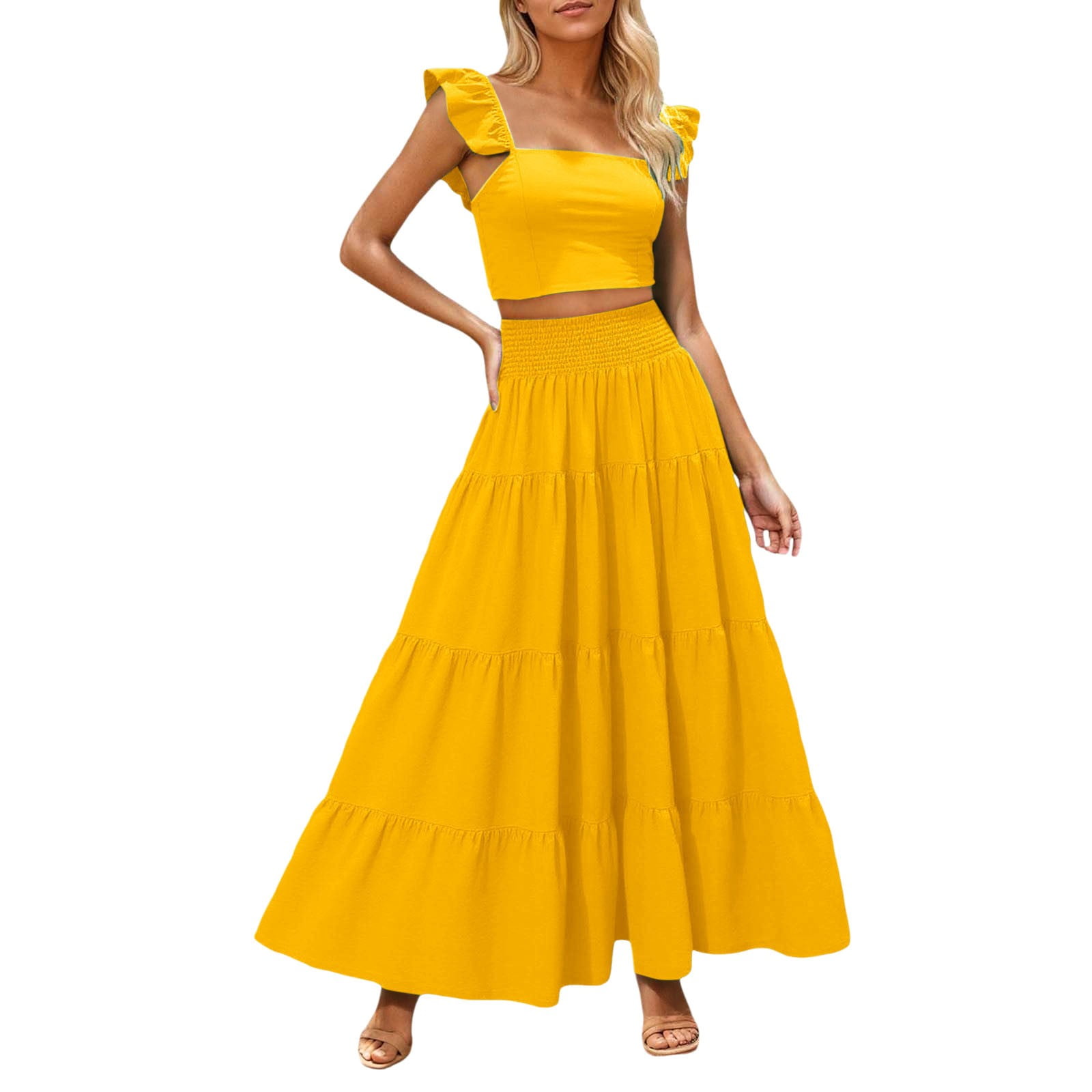 Glisme Womens Casual Dress Flutter Sleeve Solid Color Vacation Outfit ...