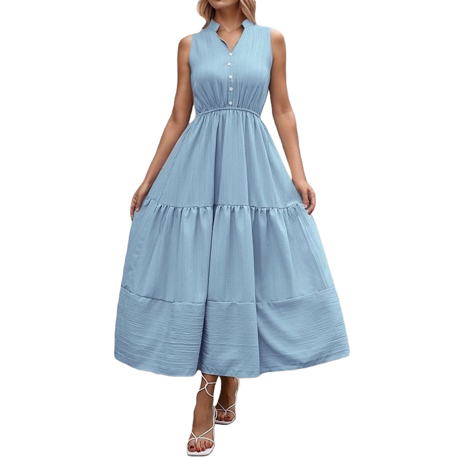 Glisme Womens Casual V Neck Sleeveless Dress Basic Solid Color Everyday ...