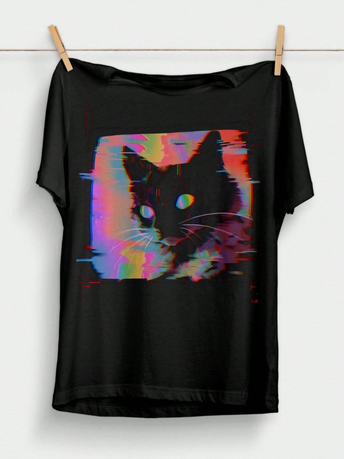 Glitch Neon Cat Artwork Tee Featuring RGB Vaporwave Effects and Digital ...