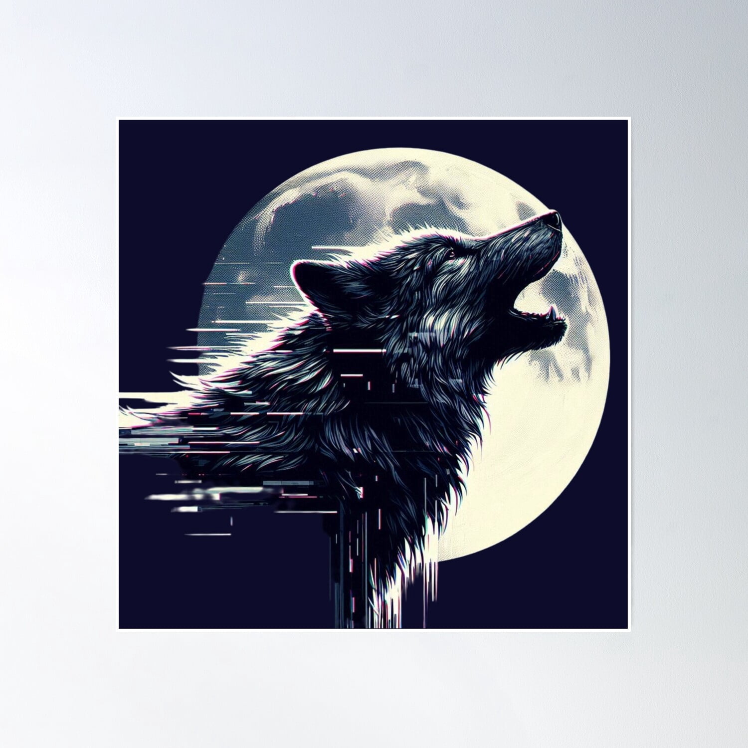 Glitched Wolf Howling At The Moon Poster Wall Art, Modern Wall Decor ...