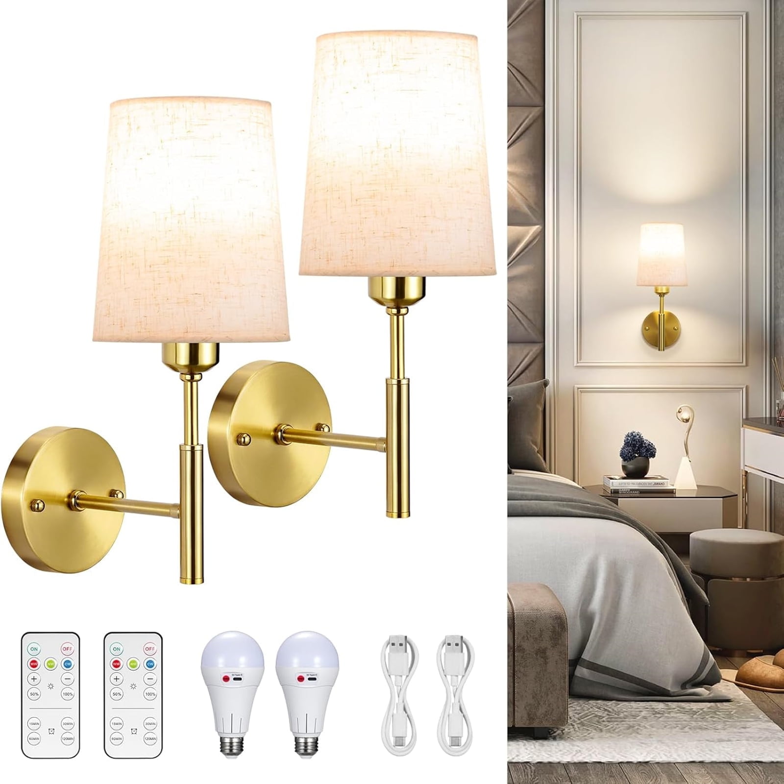 Glitnous Battery Operated Wall Sconce Set of Two,Dimmable Wireless LED ...