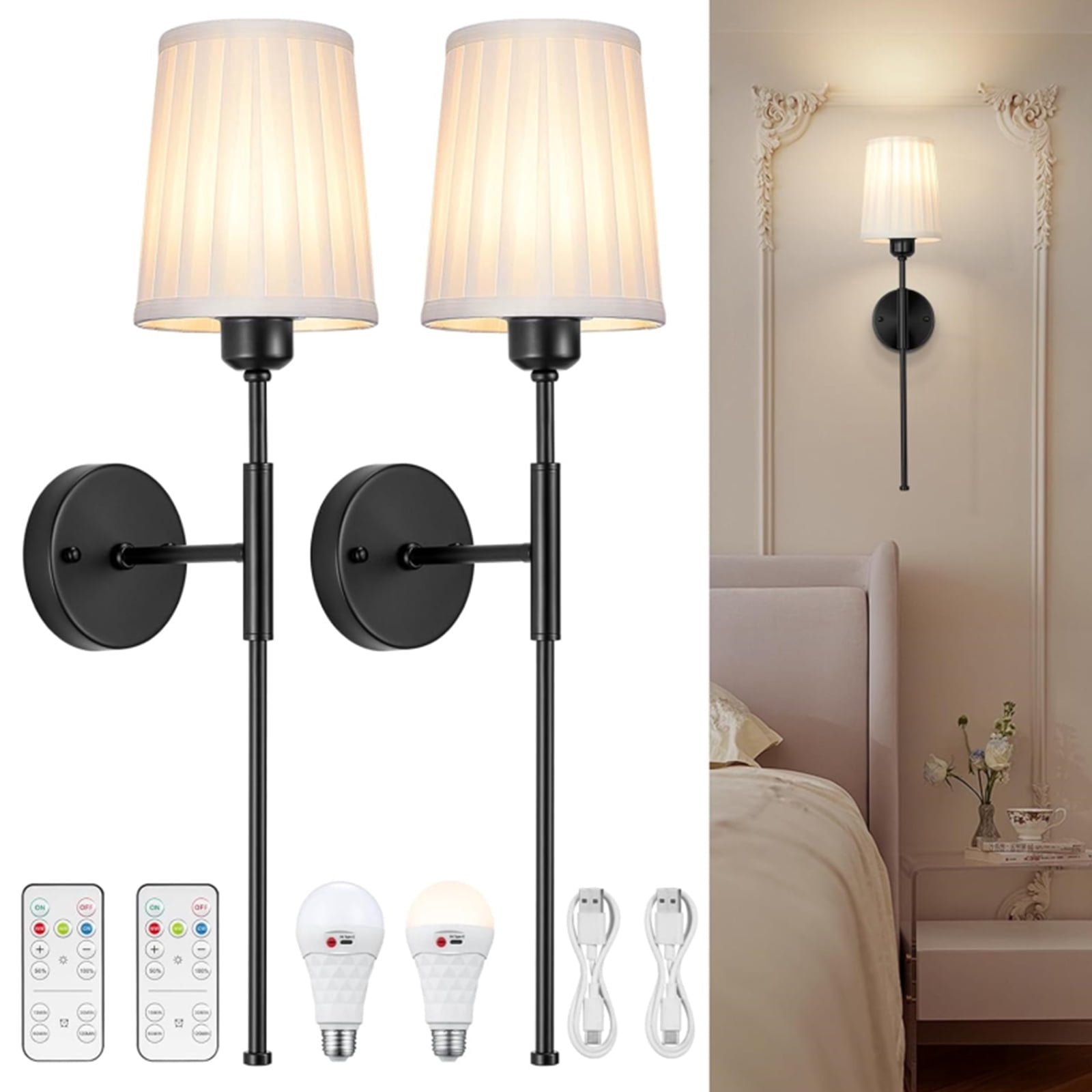 Glitnous Wall Sconces Set of 2, Battery Operated Wall Sconce with ...