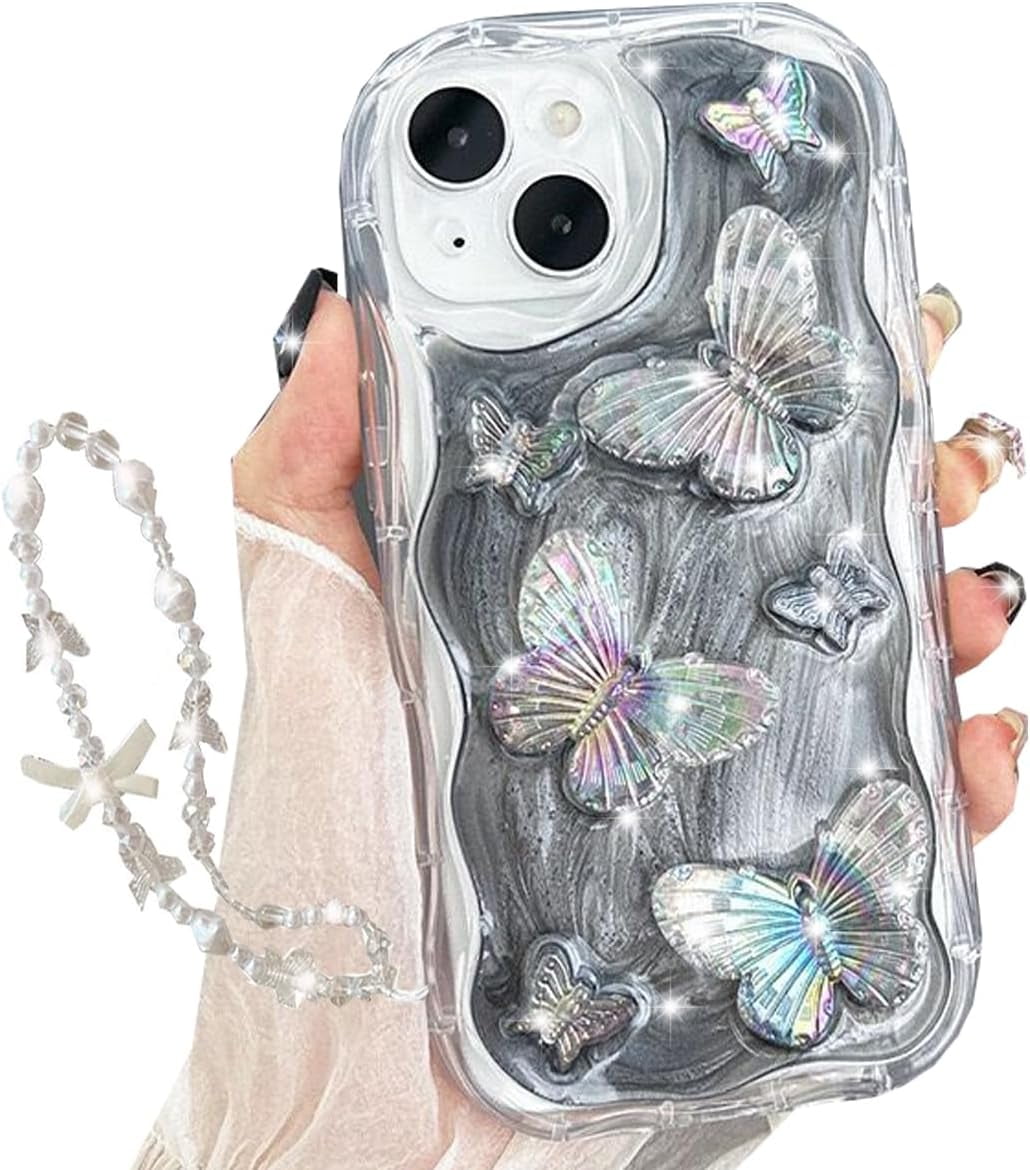 Glitter 3D Butterfly Case for iPhone 15 Plus, Cute Curly Wave Frame ...
