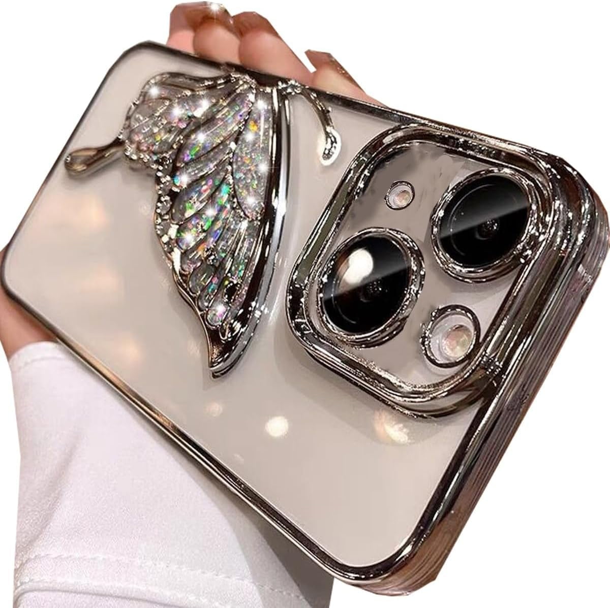 Glitter 3D Butterfly Case for iPhone 15 Plus, Cute Luxury Bling Sparkle Liquid Flowing Case with ...