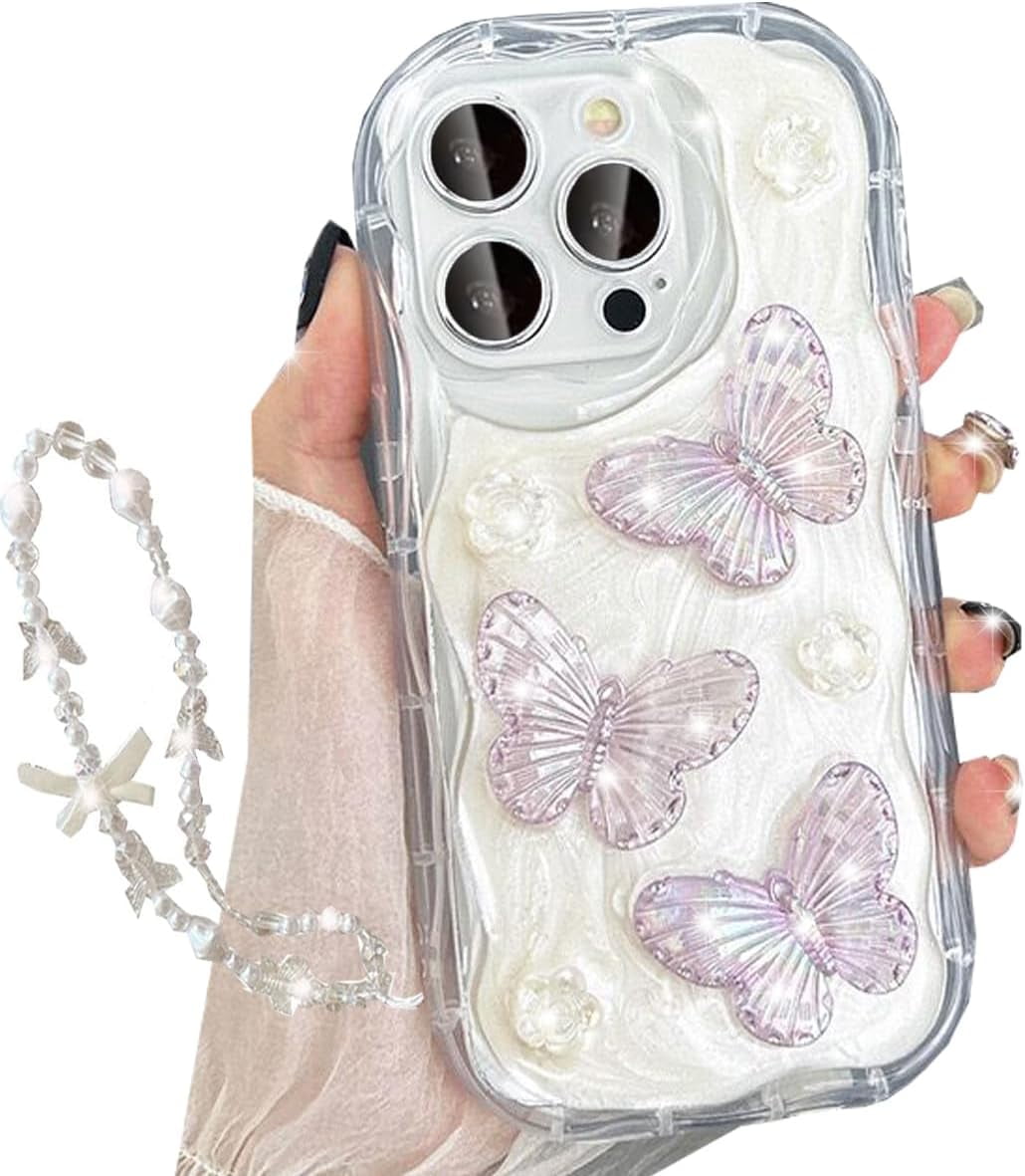 Glitter 3D Butterfly Case for iPhone 15 Pro Max,Cute Curly Wave Frame Floral Pearl Bling Sparkly ...