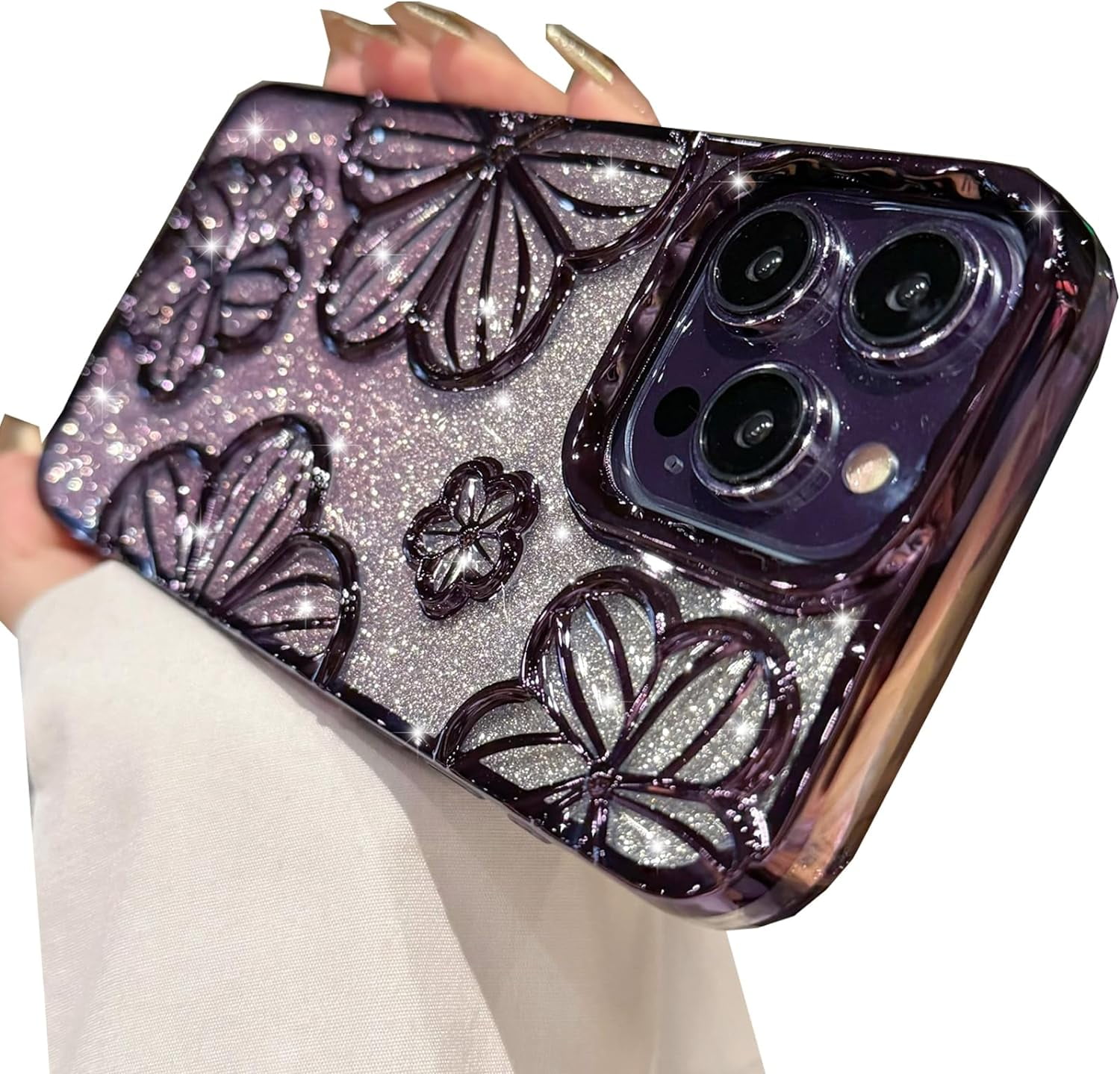 Glitter 3D Flower Case for iPhone 15 Pro Max, Cute Luxury Gradient Bling Sparkly Paper Soft TPU ...