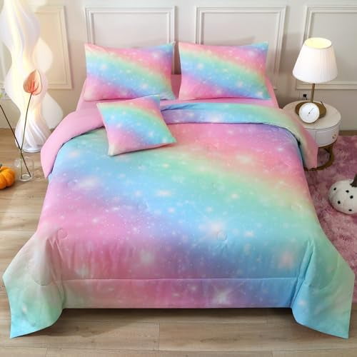Glitter Bedding Set Queen Size,6 Piece Bed in A Bag 3D Colorful Rainbow ...