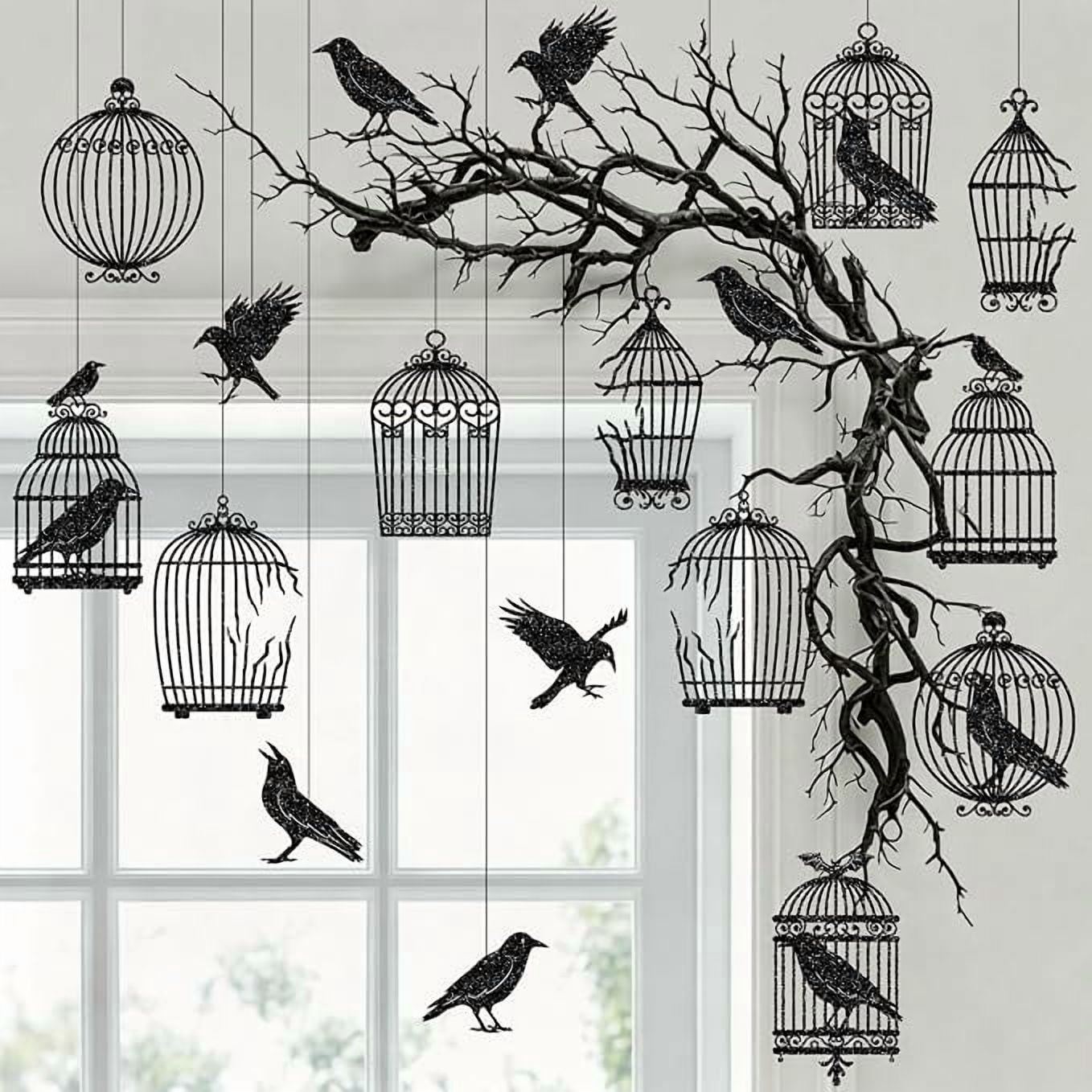 Glitter Black Crow Cage Garland 24 Piece Halloween Decorations for ...