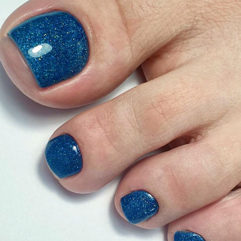 Glitter Blue Press on Toenails Short, Square Fake Toe Nails Reusable ...