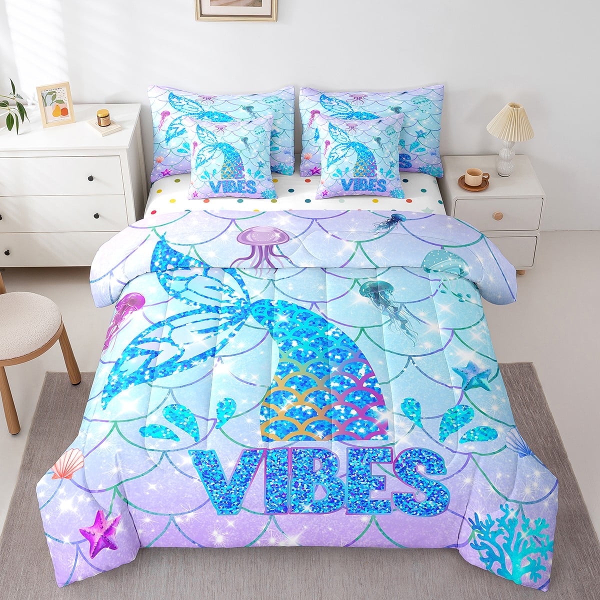 Glitter Blue Sequins Mermaid Tail Comforter Set 7 Piece Bed in a Bag ...