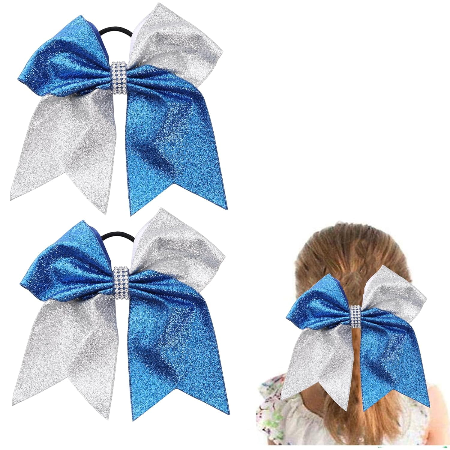 Glitter Blue Silver Large Cheer bow, 8 Inch Large Jumbo Cheer Hair Bows ...