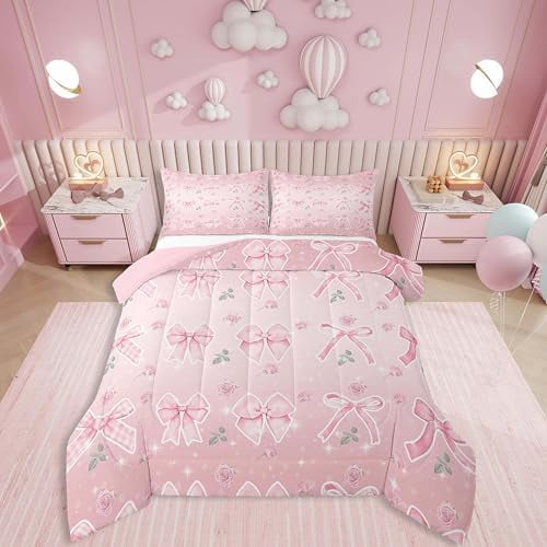 Glitter Bow Comforter Set King,Leaves Botanical Rose Bedding for Kids ...