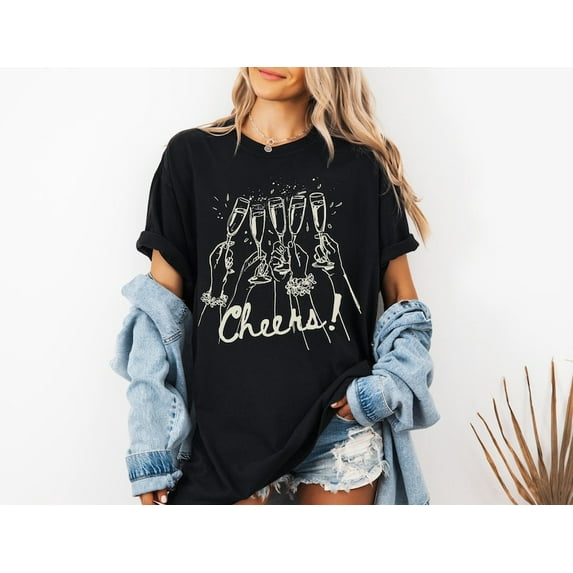 Glitter Cheers Champagne Line Art Celebration Shirt Minimal Toast Hands ...